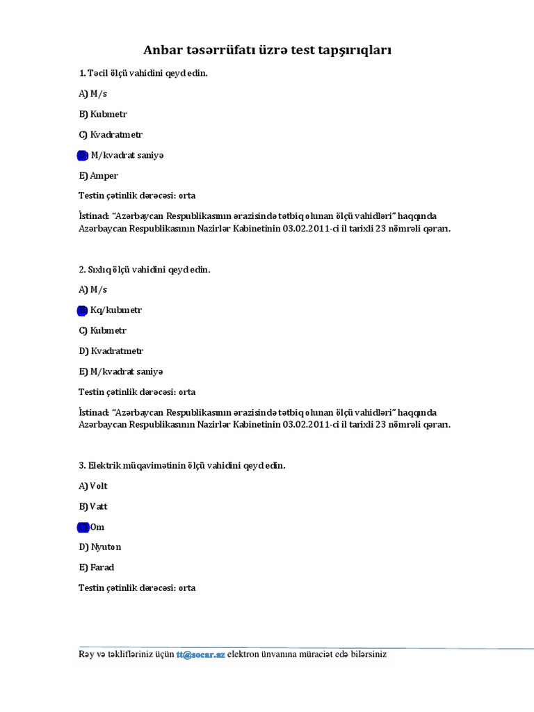 Anbar Təsərrüfatı Üzrə Test Tapşırıqları | PDF
