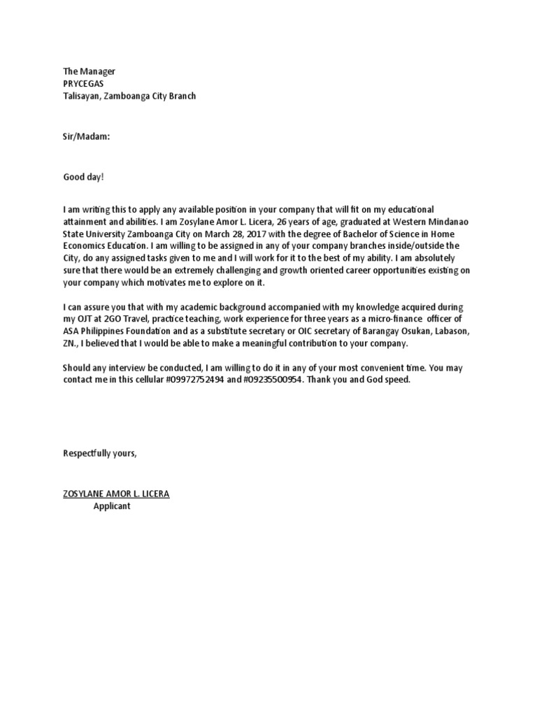 My Application Letter | PDF | Philippines | Cognition