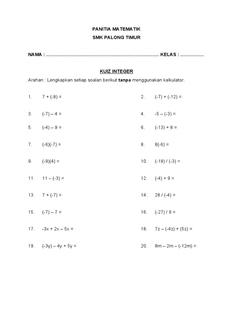 Kuiz Integer | PDF | Teaching Methods & Materials