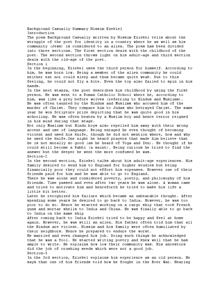 Background Casually Summary Nissim Ezekiel | PDF