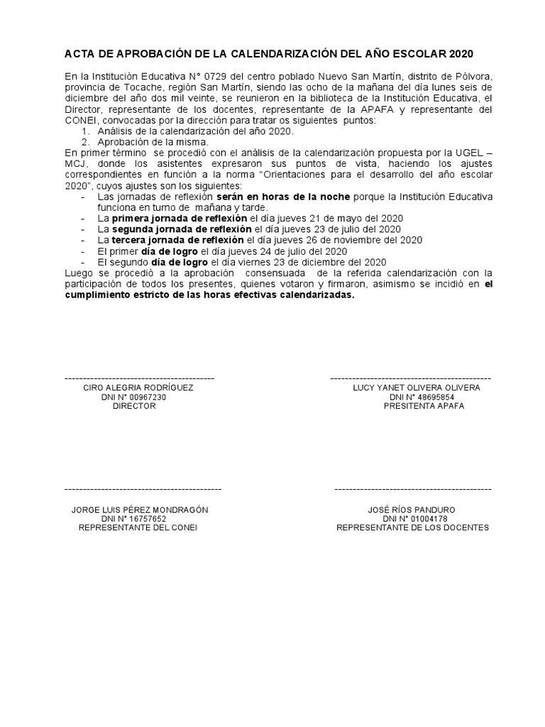 ACTA DE APROBACIÓN DE LA CALENDARIZACIÓN DEL AÑO ESCOLAR 2020 | PDF