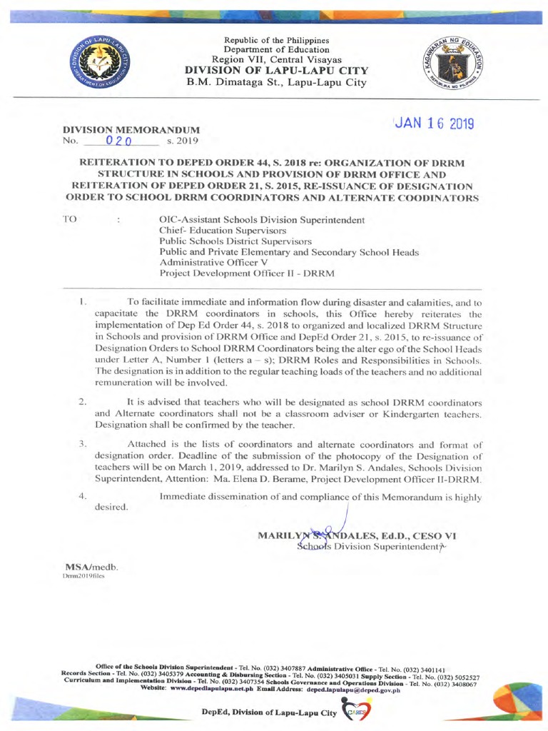 DM NO. 020 S. 2019 - Reiteration To DepEd Order No. 44 S. 2018 and ...