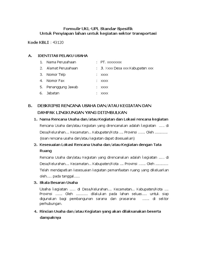 Template Formulir UKL-UPL Standar Spesifik | PDF