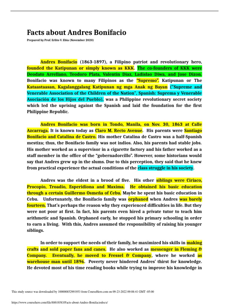 Facts About Andres Bonifacio | PDF | Philippines