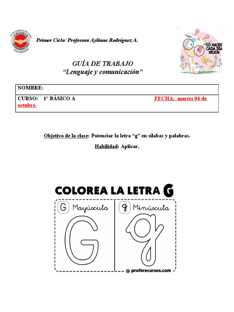 Guía de Trabajo Letra G (Martes 04 de Octubre) | PDF | Artes del ...