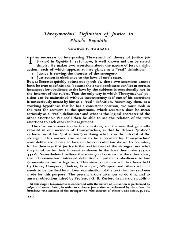 Thrasymachus' Definition of Justice - George F. Hourani | PDF | Justice ...