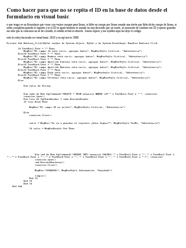 Como Hacer para Que No Se Repita El ID en La Base de Datos Desde El Formulario en Visual Basic ...