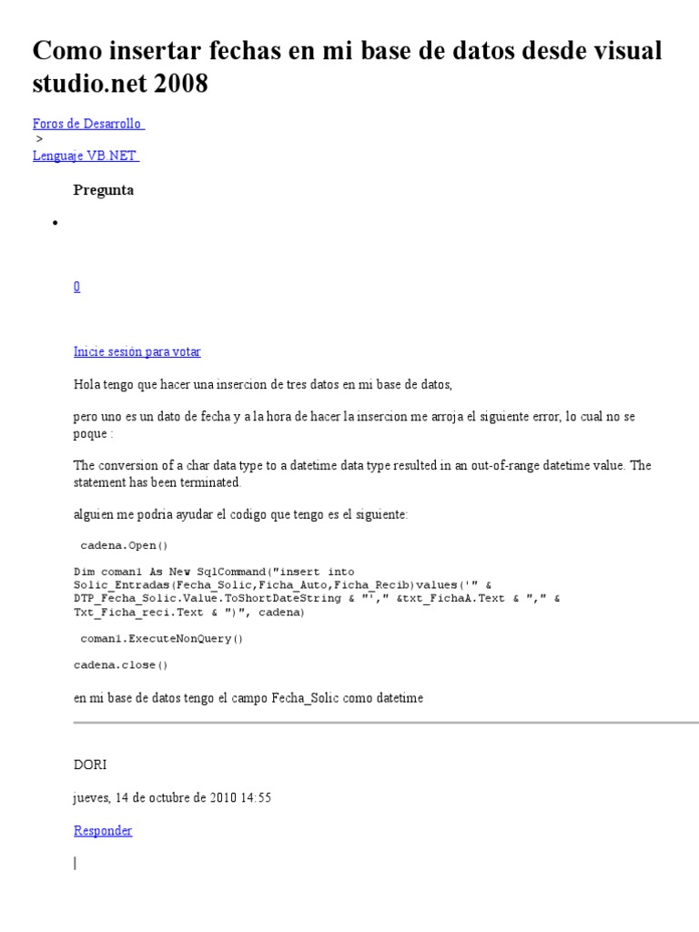 Como Insertar Fechas en Mi Base de Datos Desde Visual Studio | Descargar gratis PDF | SQL ...