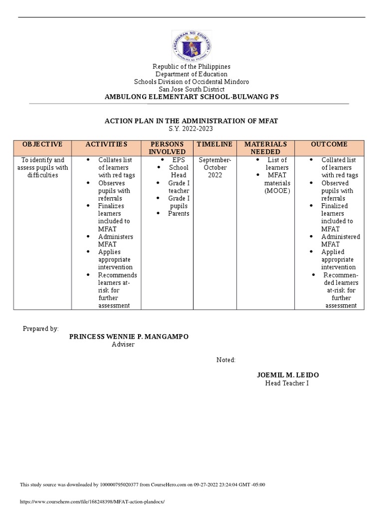 MFAT_action_plan.docx | PDF | Learning | Behavior Modification