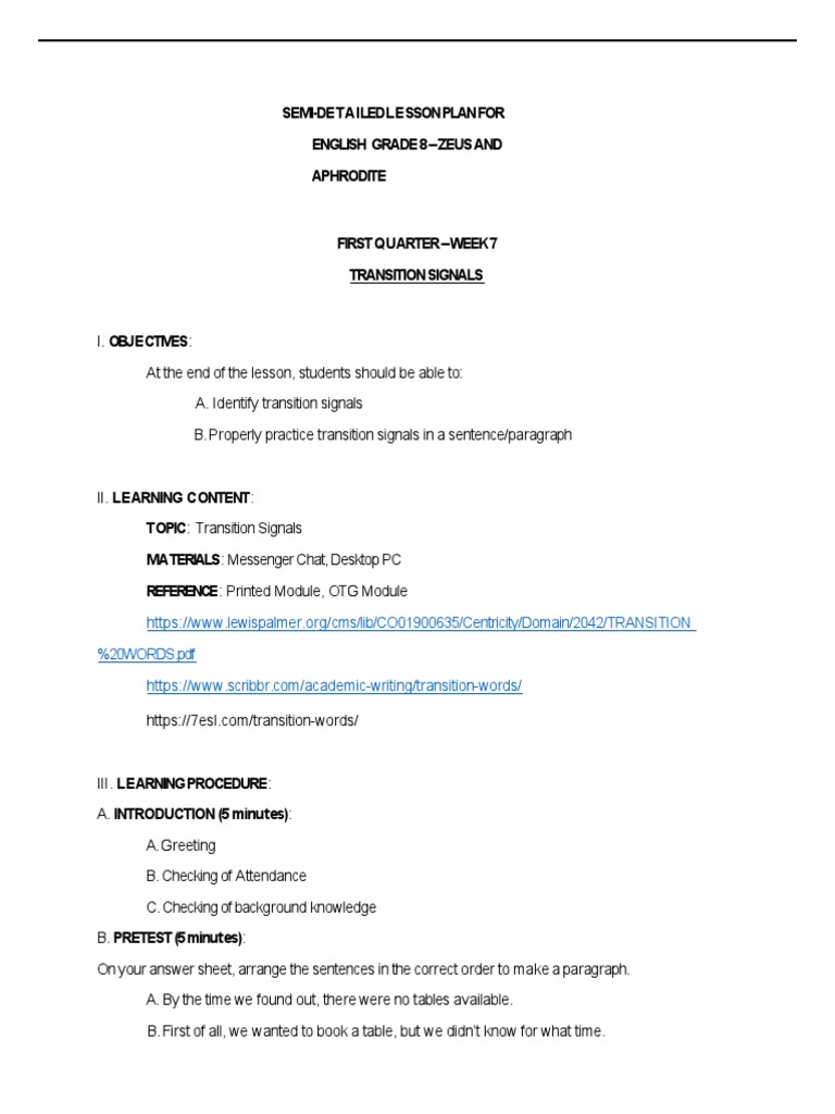 Transition Signals Lesson Plan | PDF | Causality | Cognitive Science
