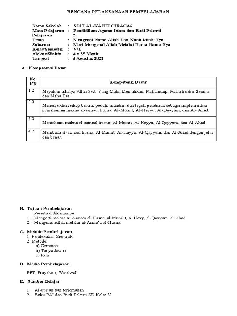RPP PAI: Mengenal Nama dan Kitab Allah | PDF