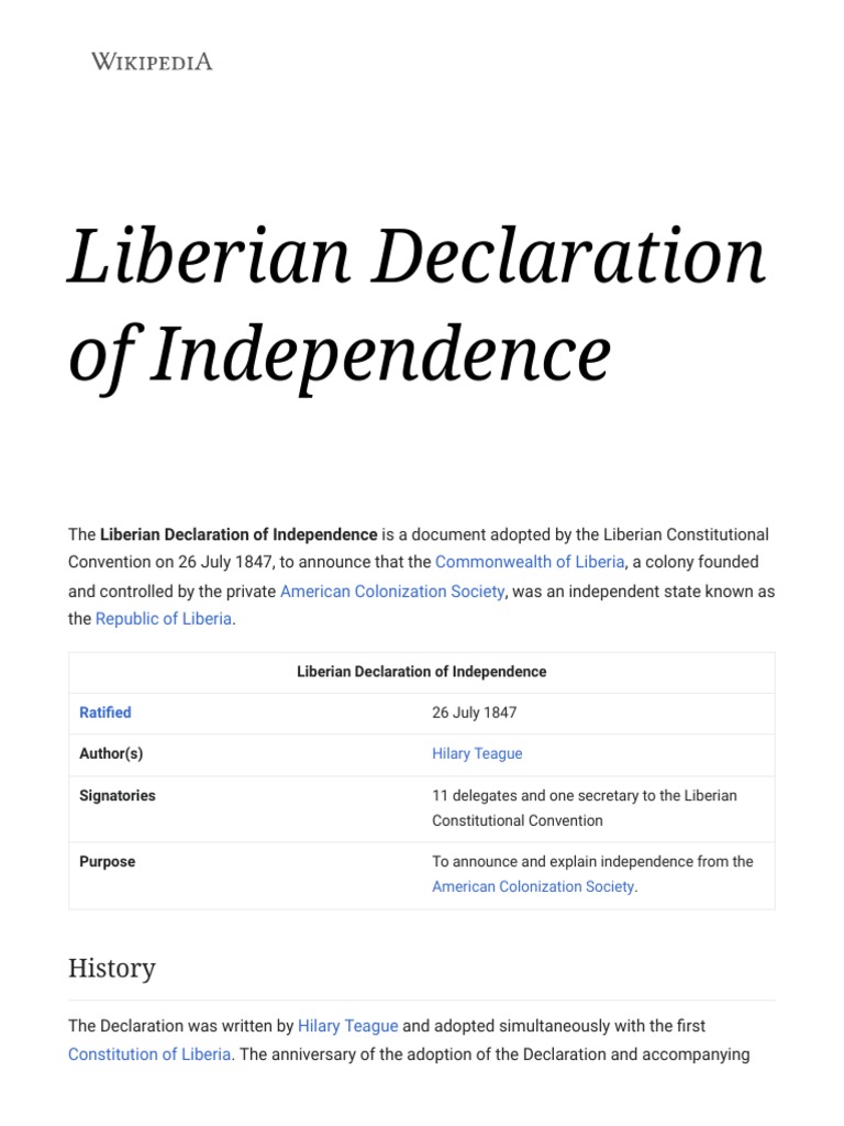 Liberian Declaration of Independence - Wikipedia | PDF | Liberia