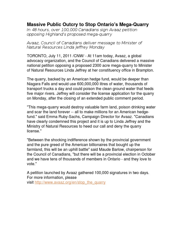 Massive Public Outcry To Stop Ontario Mega Quarry | PDF | Canada ...