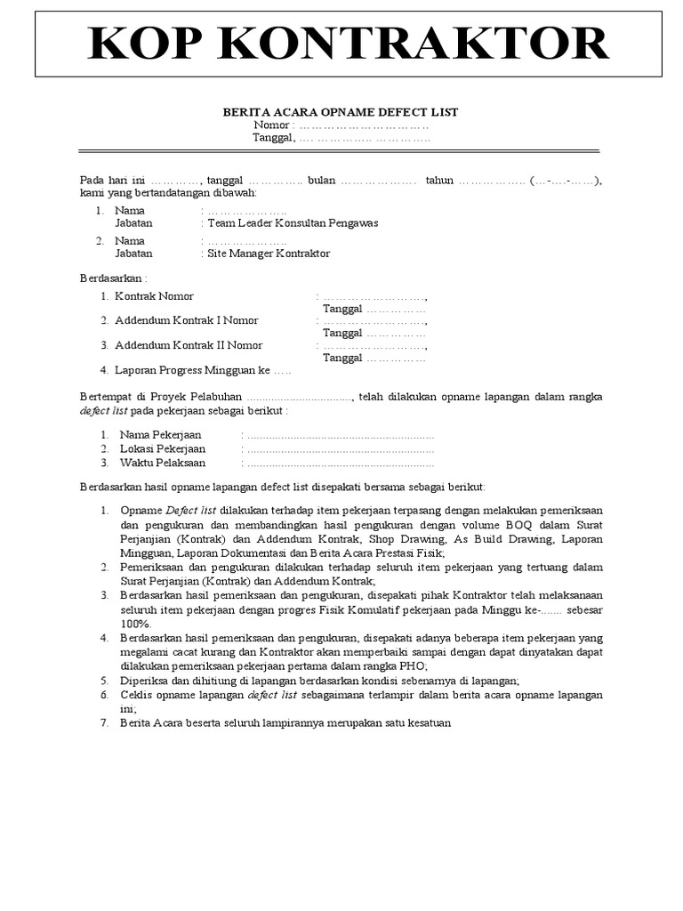 Berita Acara Defect List | PDF