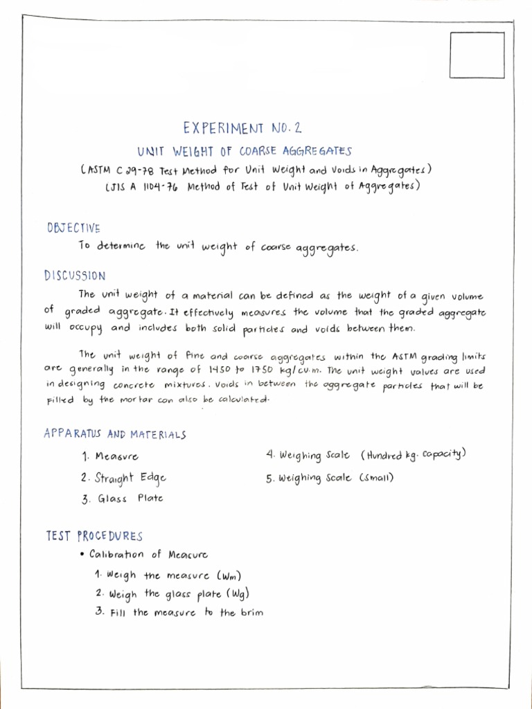 Unit Weight of Coarse Aggregates Experiment | PDF | Mass | Quantity