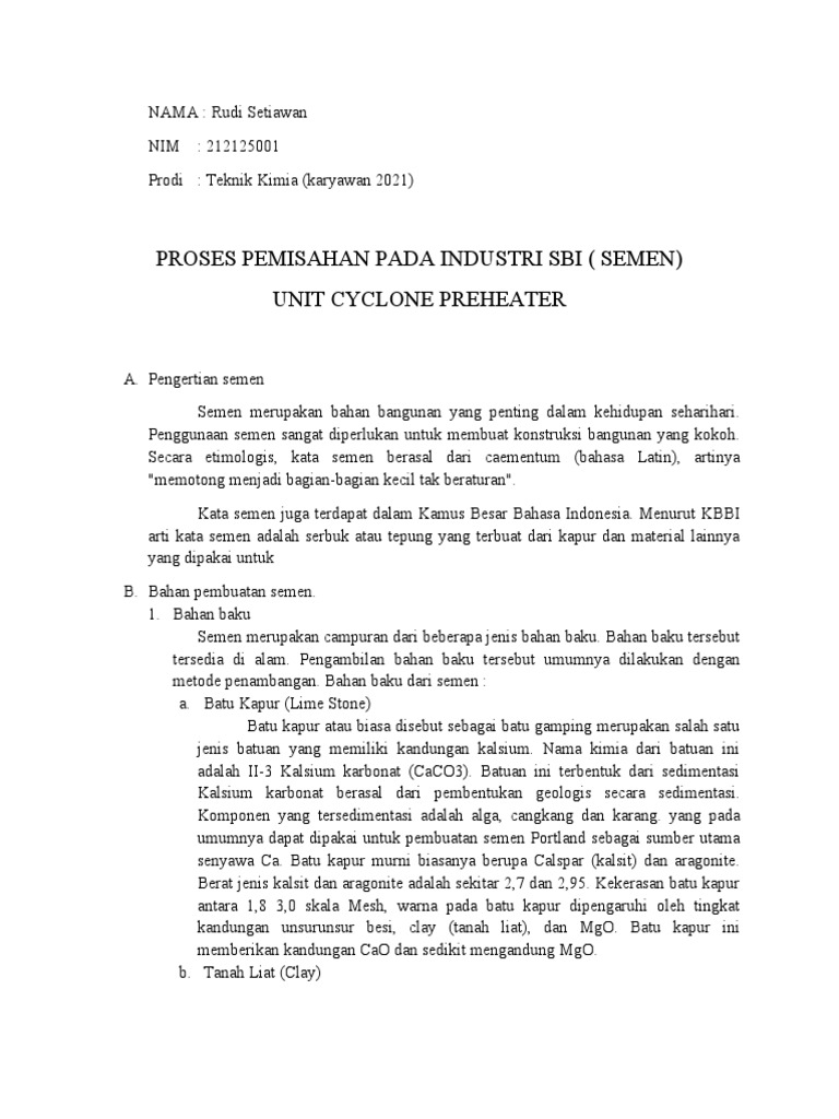 Proses Pemisahan Pada Industri Sbi Unit Cyclone Preeheater | PDF ...