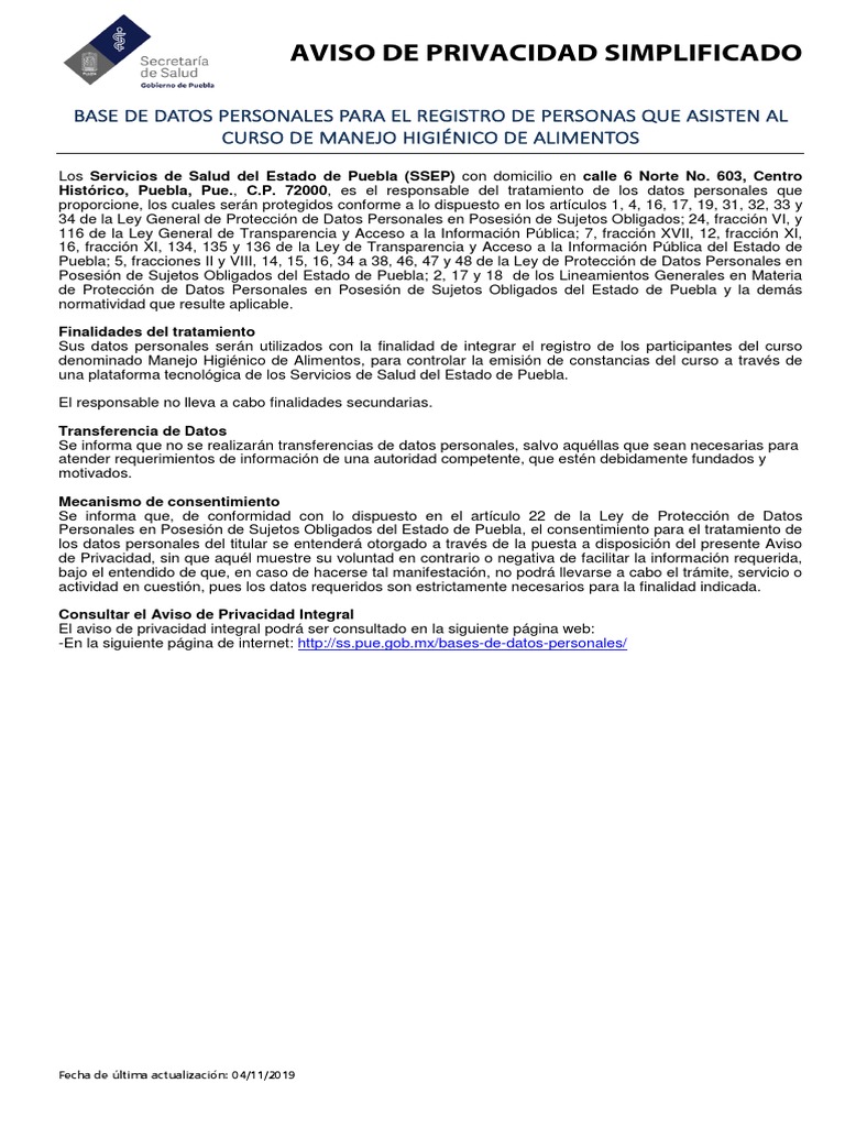 28APS Curso Manejo Higienico de Alimentos DPRIS | PDF | Privacidad de ...