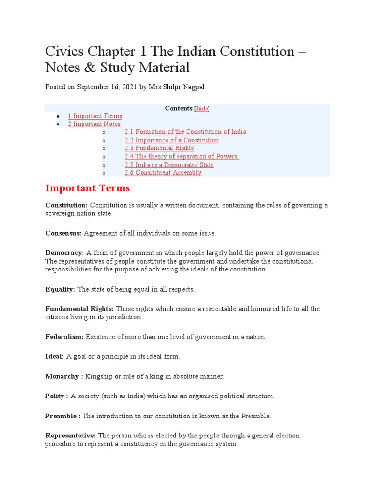 Civics Chapter 1 The Indian Constitution | PDF | Constitution | Democracy