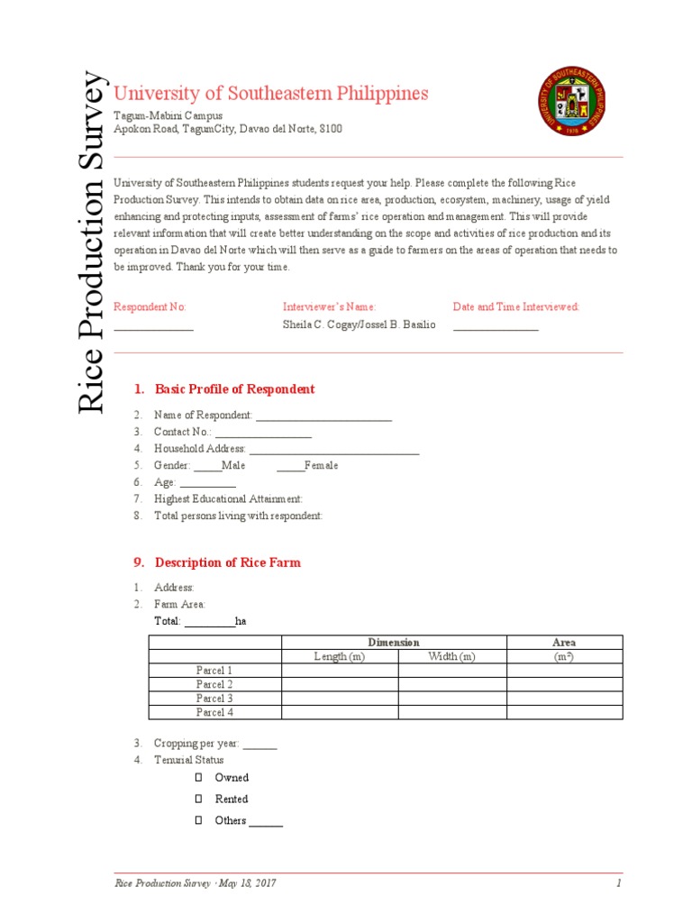 5 - Questionaire Rice Production Survey | PDF | Tillage | Rice