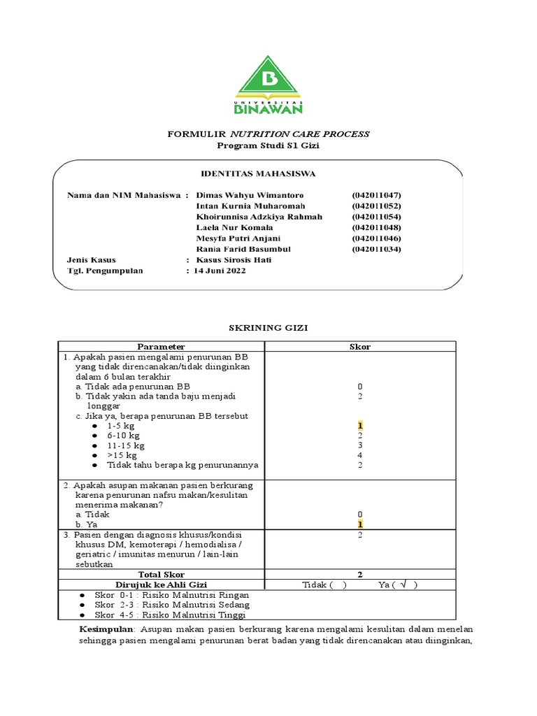 3 - Kelompok 3 - Responsi 14 - Dietetik - Sirosis Hati - Formulir NCP | PDF