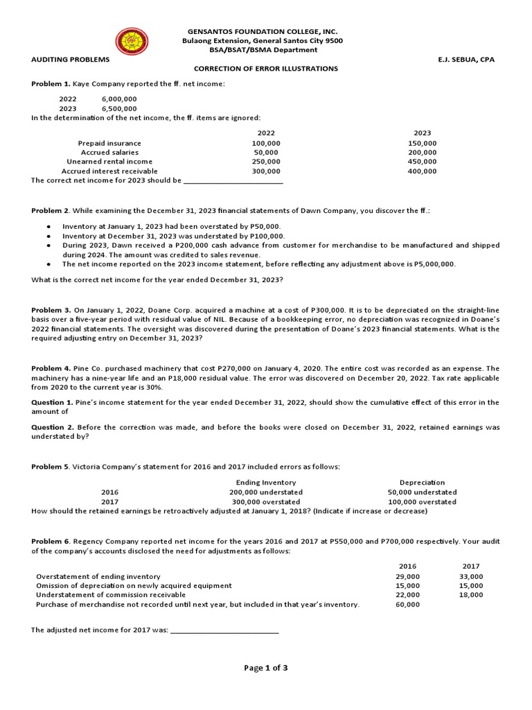 Correction Of Errors Illustrations Pdf Retained Earnings Income