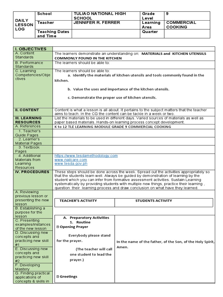 TEMPLATE DLP | PDF | Learning | Kitchen Utensil
