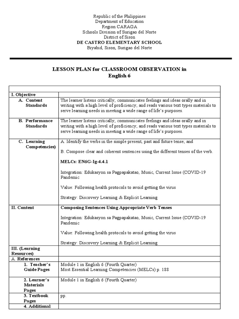Co Lesson Plan English 6 Quarter 4 | PDF | Grammatical Tense | English Language