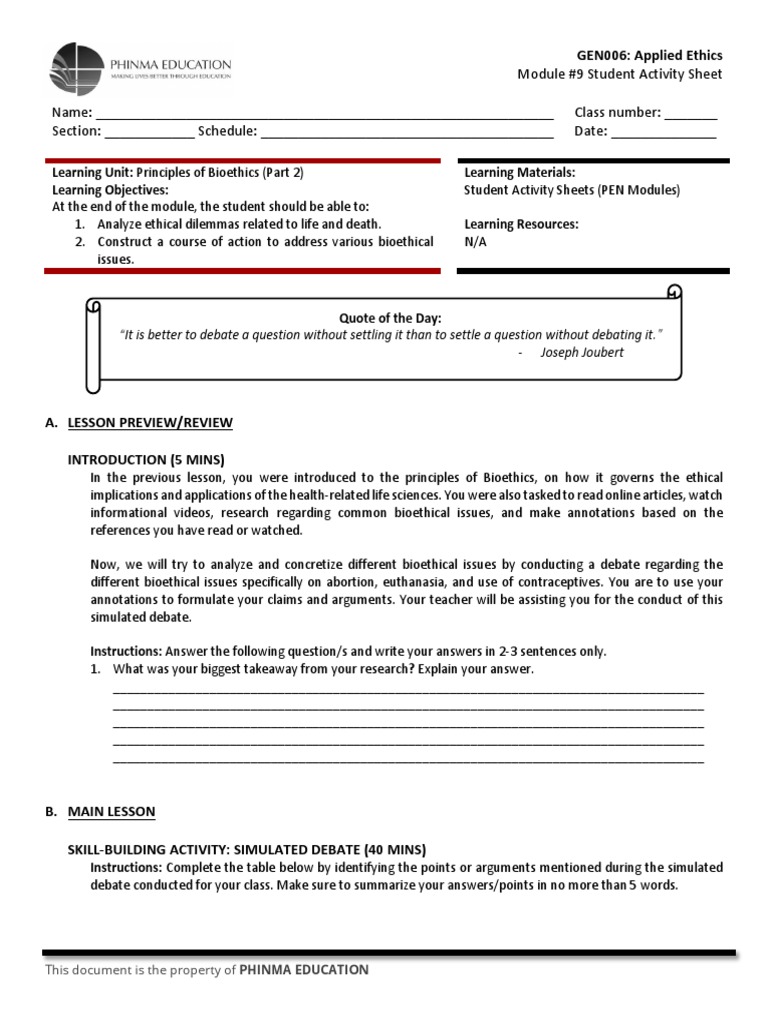 Bioethics Debate Activity Sheet | PDF | Bioethics | Birth Control