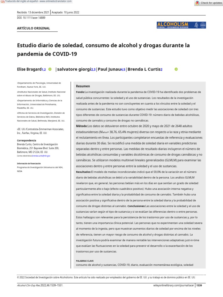 Alcohol Clin Exp Res - 2022 - Bragard - Daily Diary Study of Loneliness ...