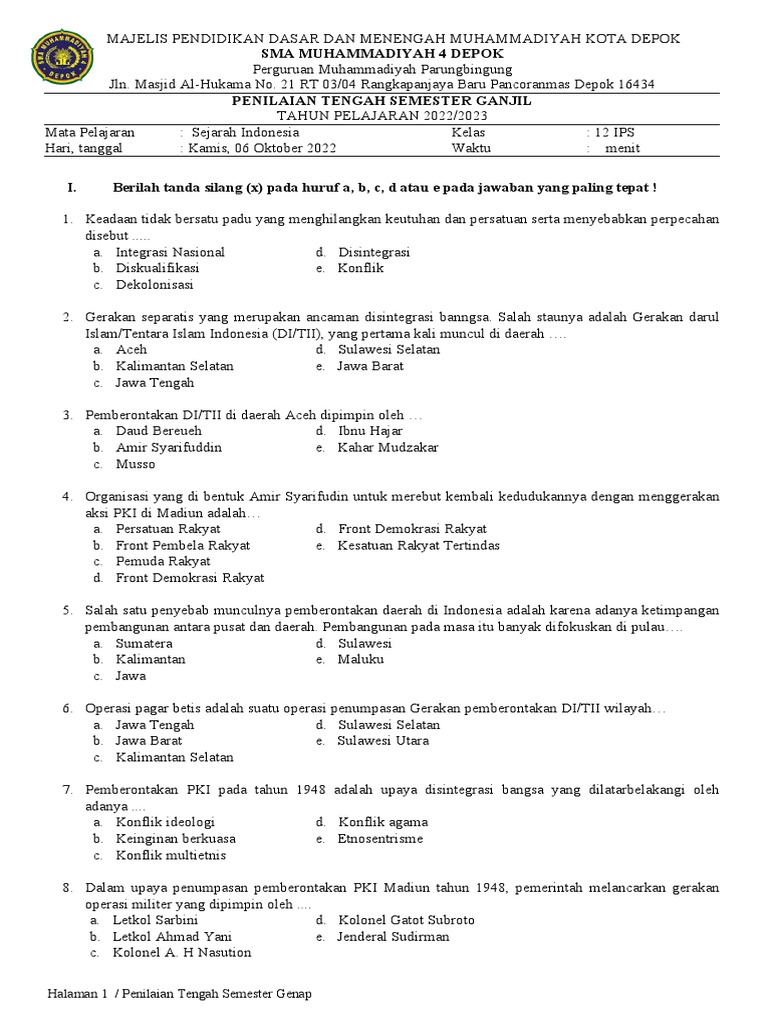 Soal PTS Sej Indonesia 12 Ips Ganjil 2223 | PDF | Politik | Perjalanan