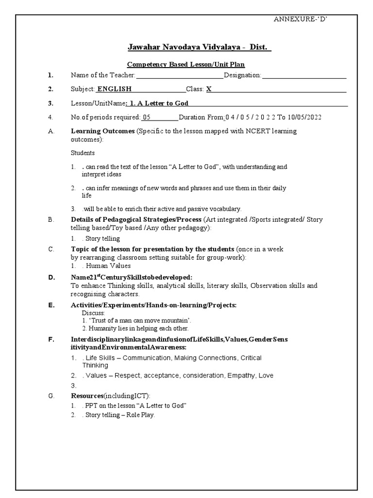 Competency Based Lesson Plan - A Letter To God | PDF | Teachers ...