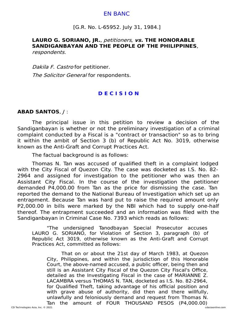 Soriano vs. Sandiganbayan (G.R. No. L-65952, July 31, 1984) | PDF ...