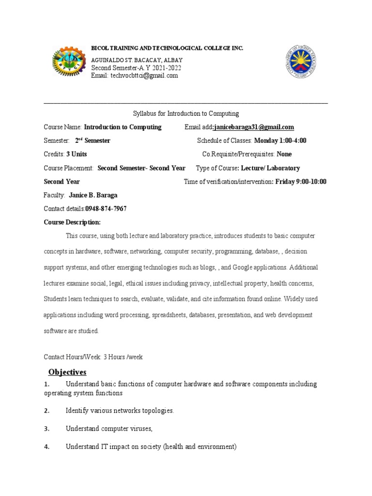 Syllabus For Introduction To Computing | Download Free PDF | Application Software | Computer Program