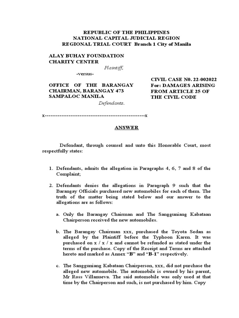 Answer To Complaint | PDF | Complaint | Legal Procedure