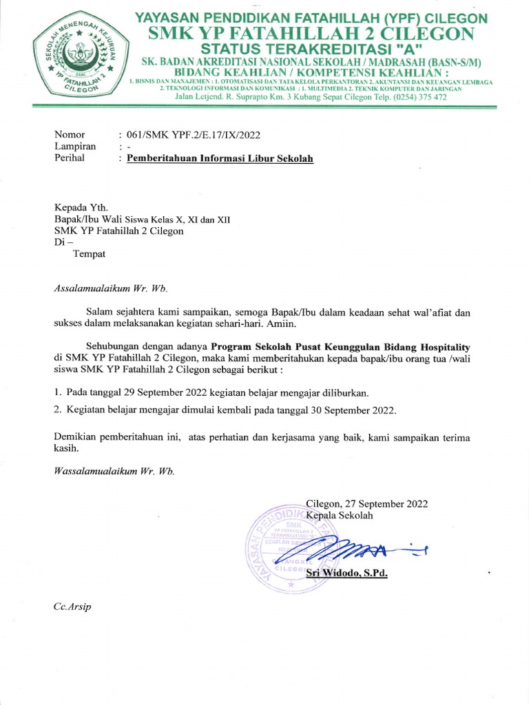 Surat Pemberitahuan Libur Sekolah | PDF