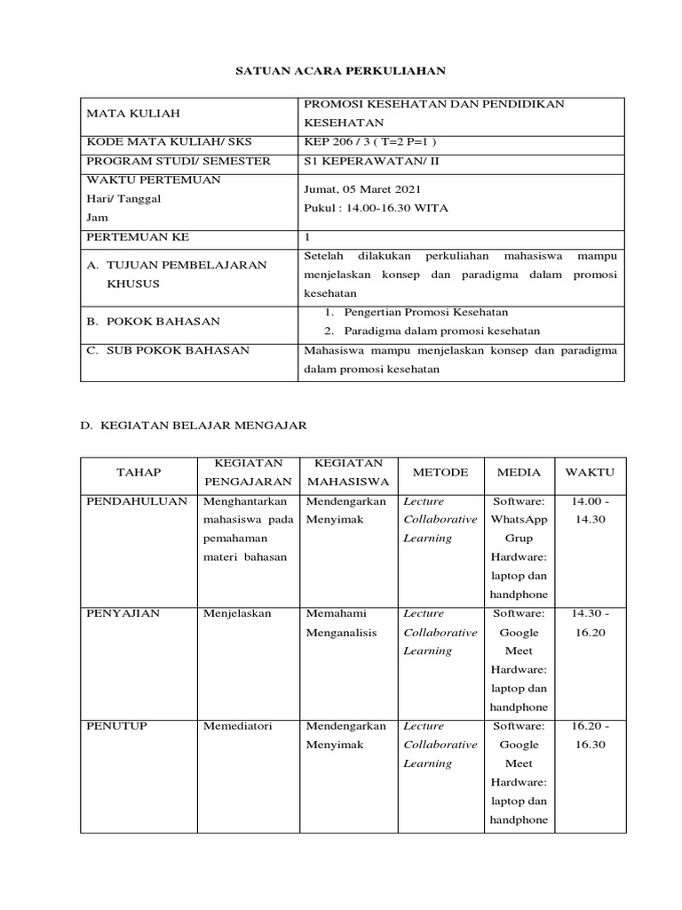 Satuan Acara Perkuliahan Promosi Kesehatan Dan Pendidikan Kesehatan | PDF