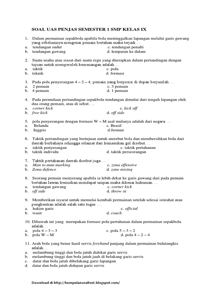 Soal Uas Penjas Semester 1 SMP Kelas Ix | PDF