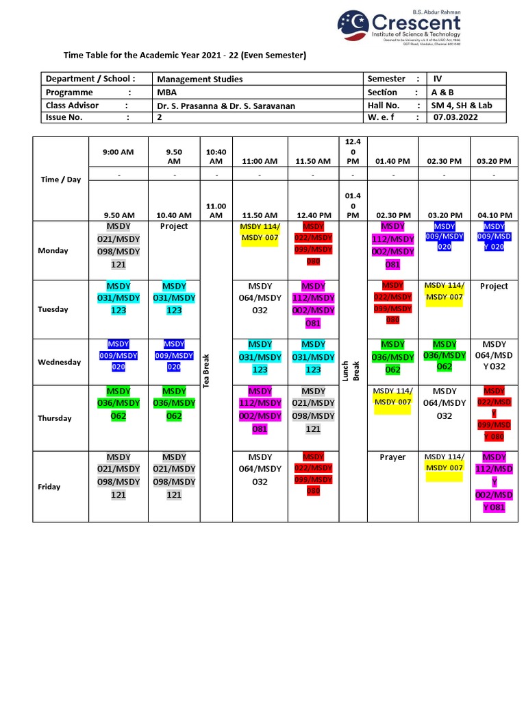 Time Table Format For Hard Copy Academic Year 21-22 (ODD Semester ...
