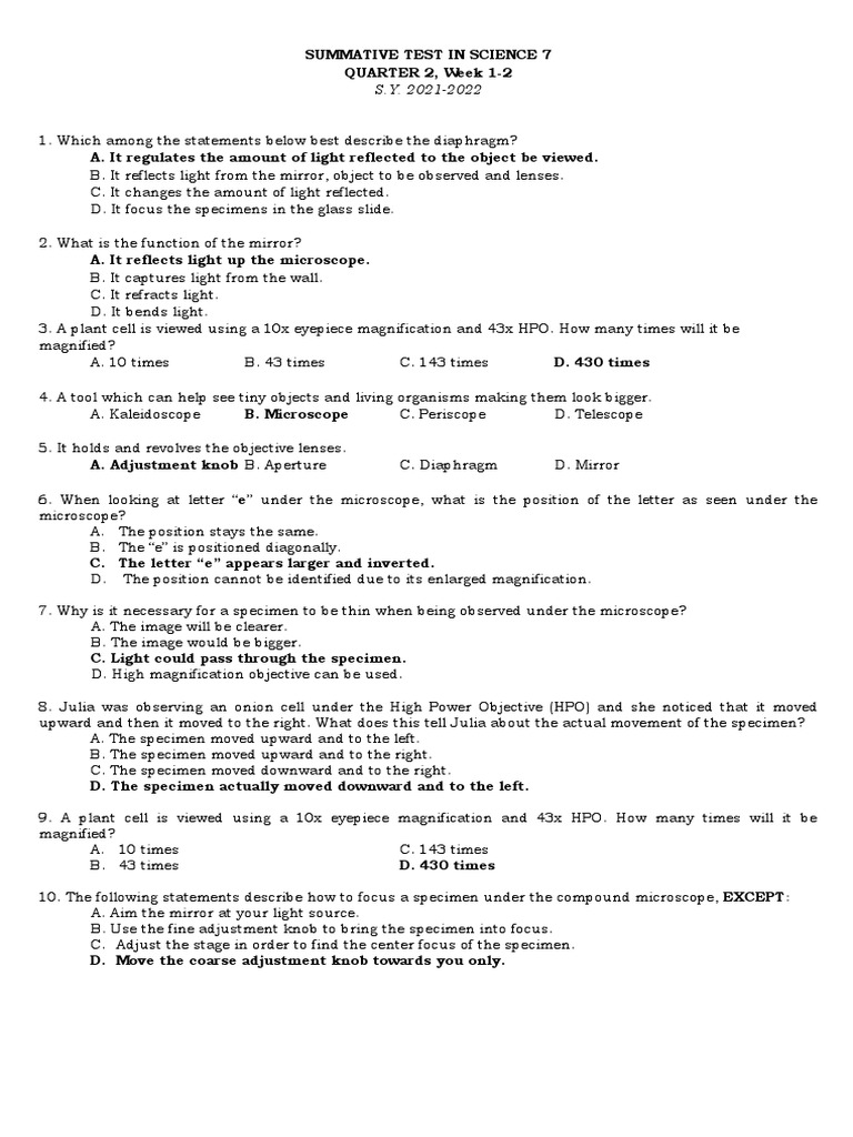 Science 7 - Summative Test - Q2 - Week 1-Week 4 - SY 2021-2022 | PDF ...