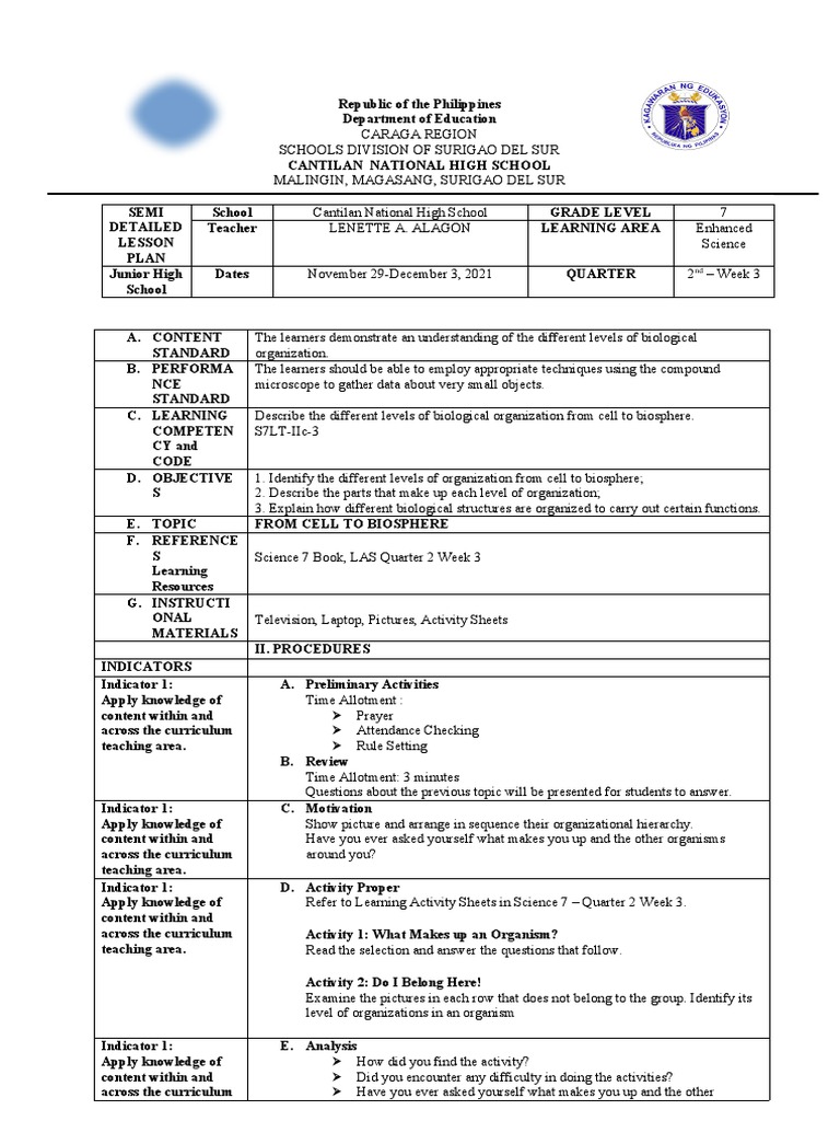 Grade 7 Biology Lesson Plan: Organization | PDF | Ecology | Learning