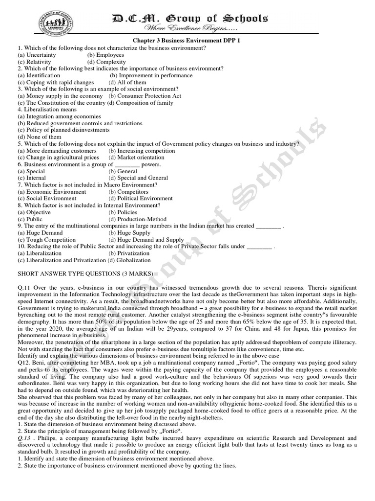 XII Chapter 3 Business Environment DPP 1 Final 1 | PDF | Business | Economies