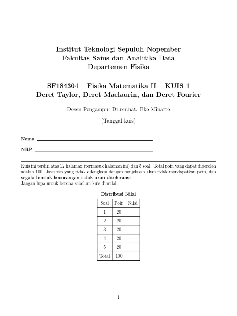 Kuis Fisika Matematika II: Deret Taylor dan Fourier | PDF | Metode ...