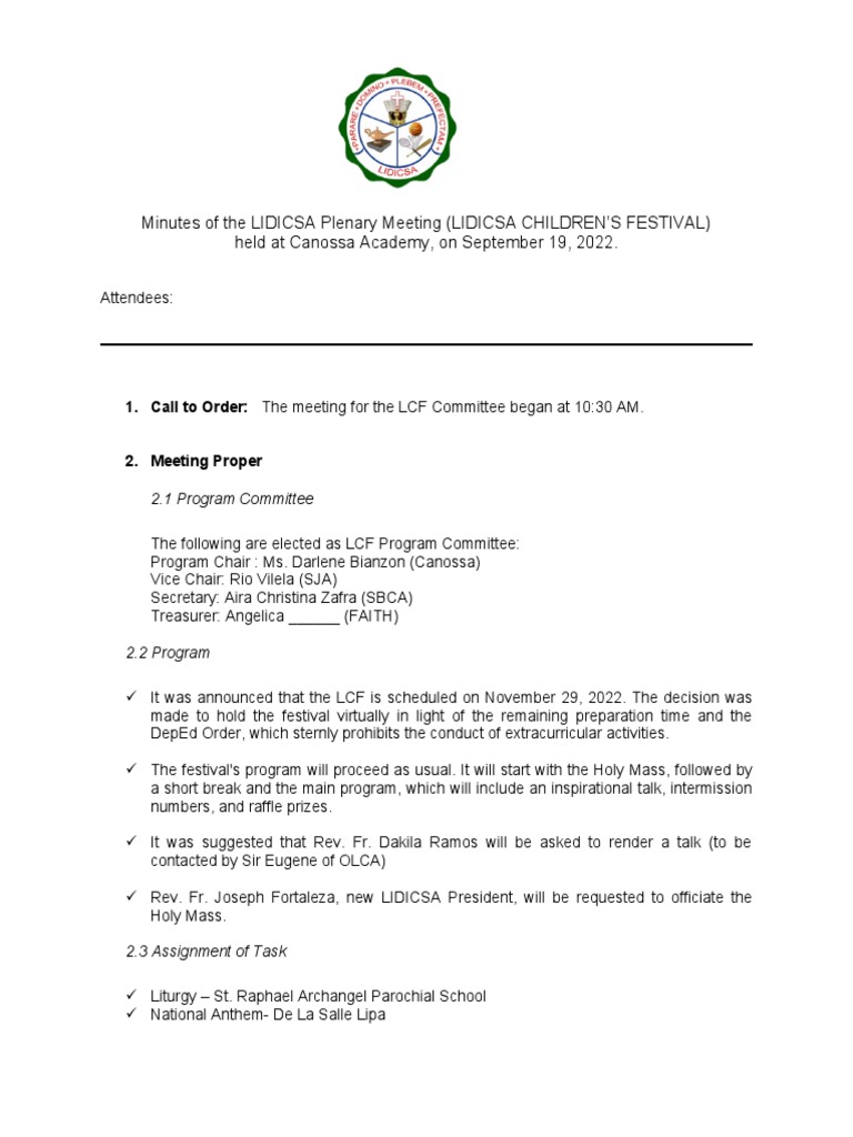 LIDICSA Children's Festival Meeting Minutes | PDF | Catholic Church