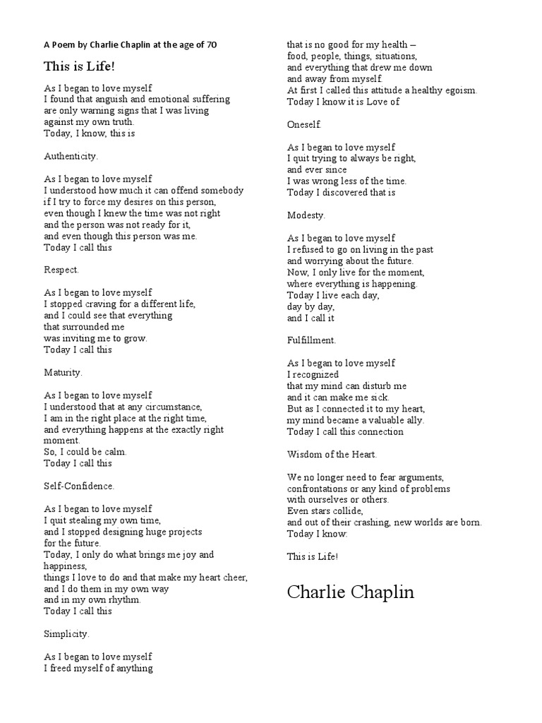 A Poem by Charlie Chaplin at The Age of 70 | PDF | Psychology