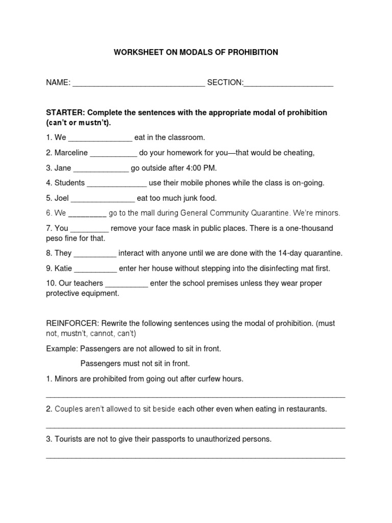 WORKSHEET-ON-MODALS-OF-PROHIBITION for students | PDF | Emergency ...