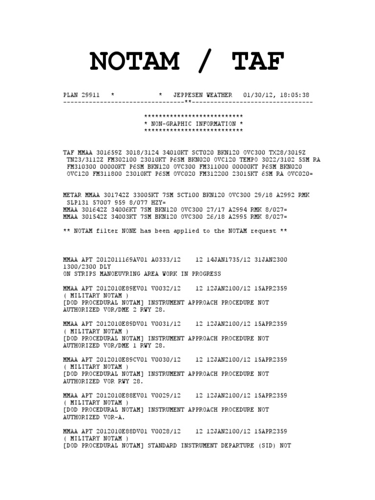 NOTAM and TAF Overview for MMAA | PDF | Transport | Aerospace Engineering