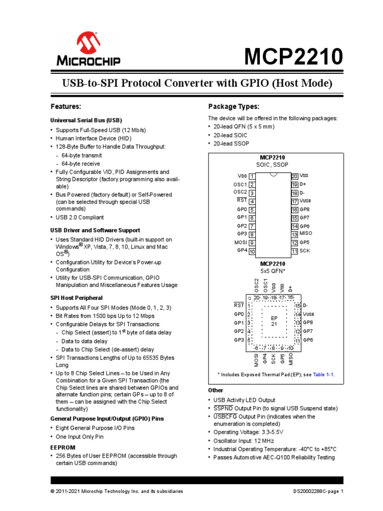 MCP2210 USB To SPI Protocol Converter With GPIO (Host Mode) 20002288C ...