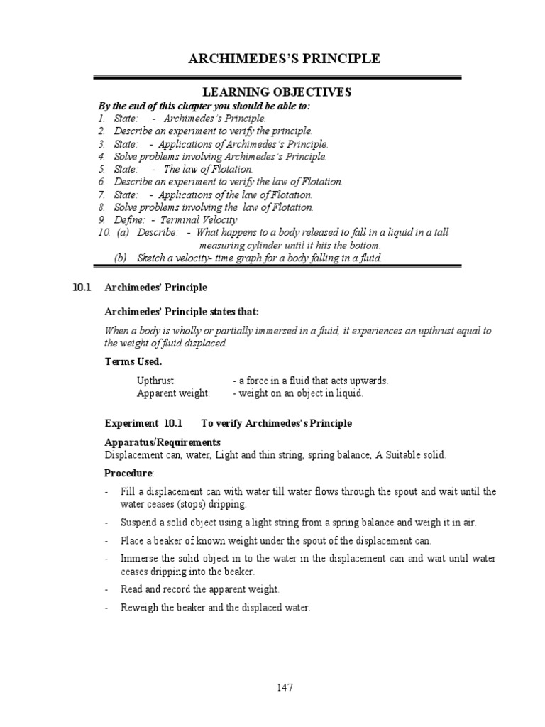 Archimedes Principle Pdf Buoyancy Density