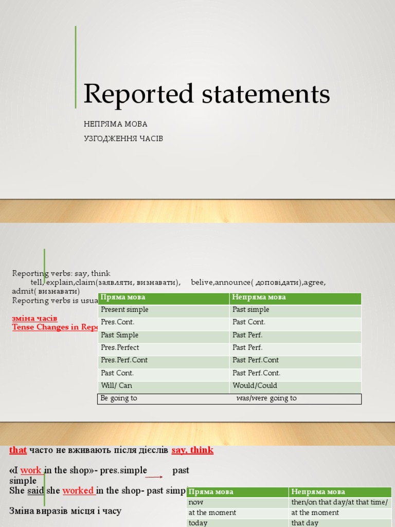 Reported statements and tense changes | PDF | Perfect (Grammar ...