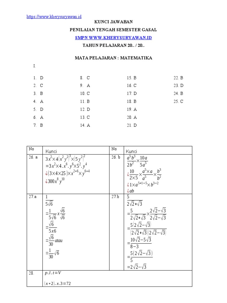 KUNCI PTS Matematika KLS 9 Sem.1 - WWW - Kherysuryawan.id | PDF